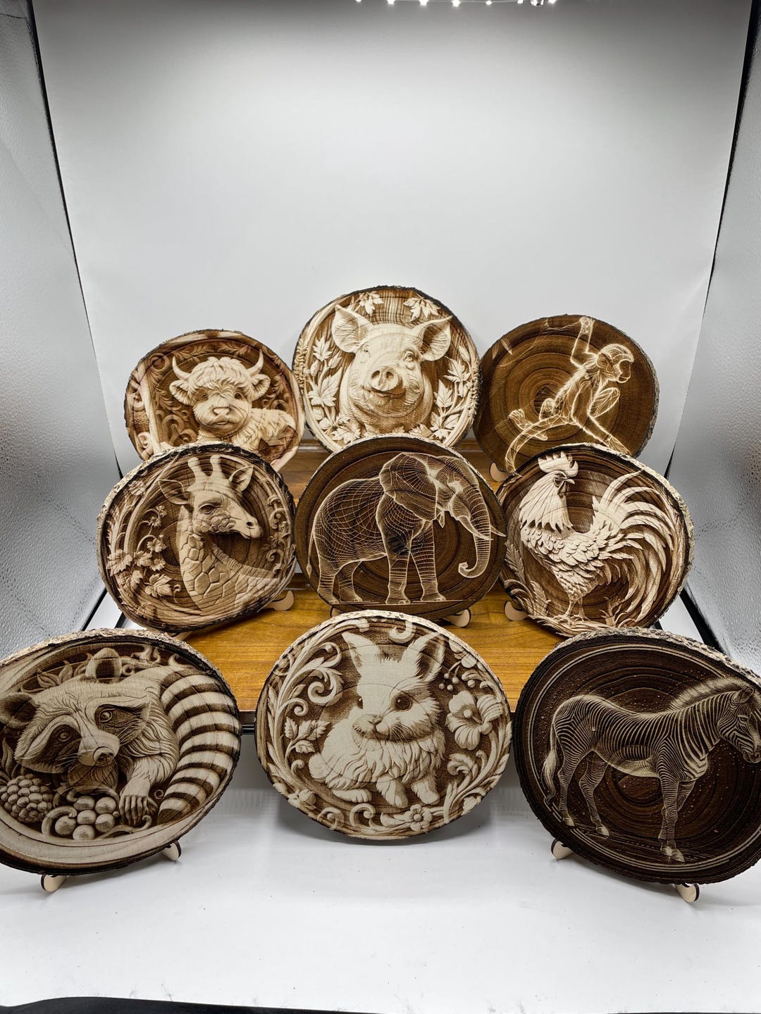 Laser Engraved Animals on Wood Rounds ~live Edge Engraved Animals on ...
