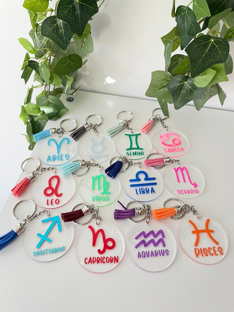 Zodiac Sign Acrylic Keychain ~ Round Acrylic Keychain With Zodiac Sign ...