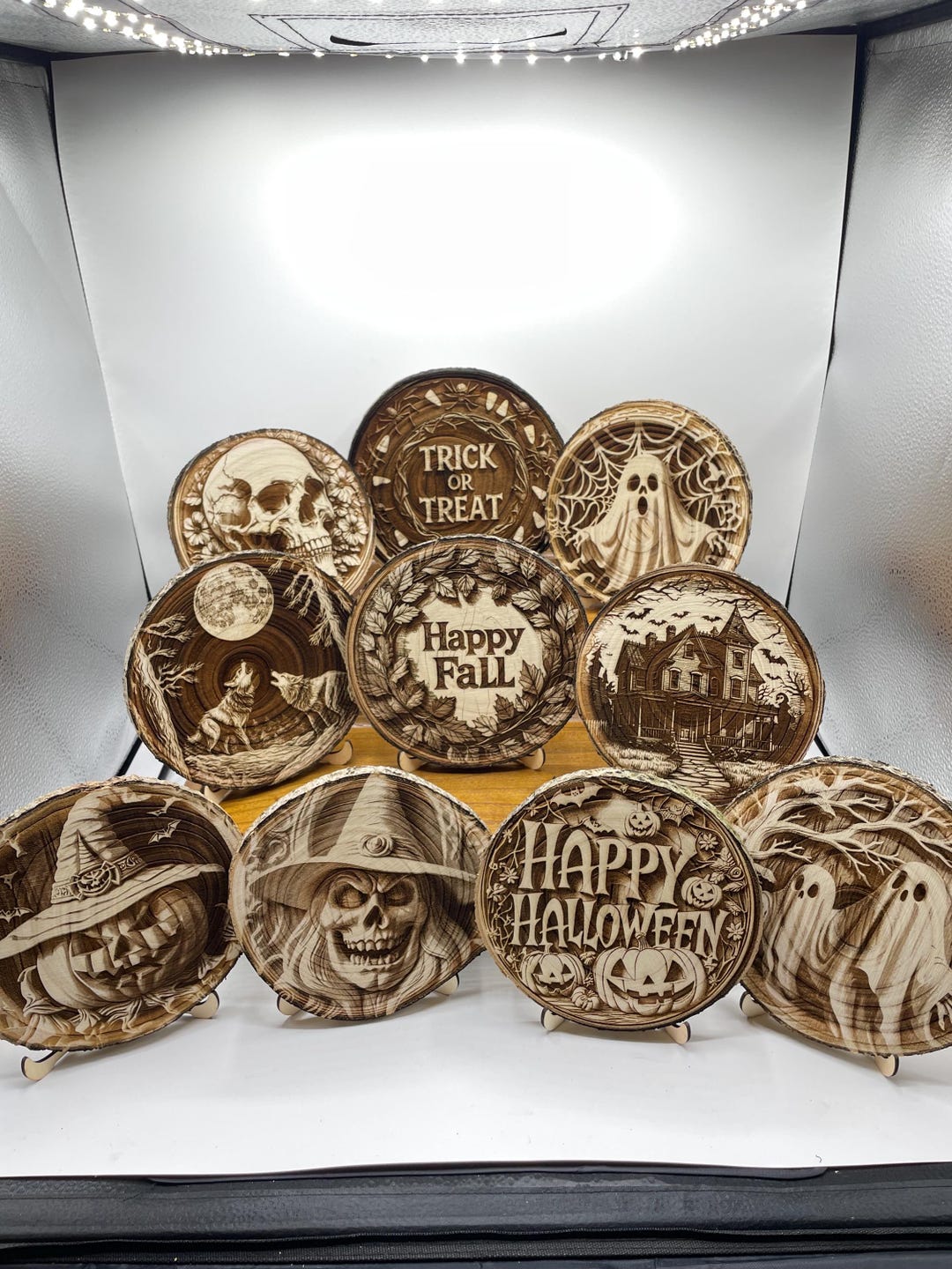 Laser Engraved Halloween/fall Themed Wood Rounds ~live Edge Engravings ...