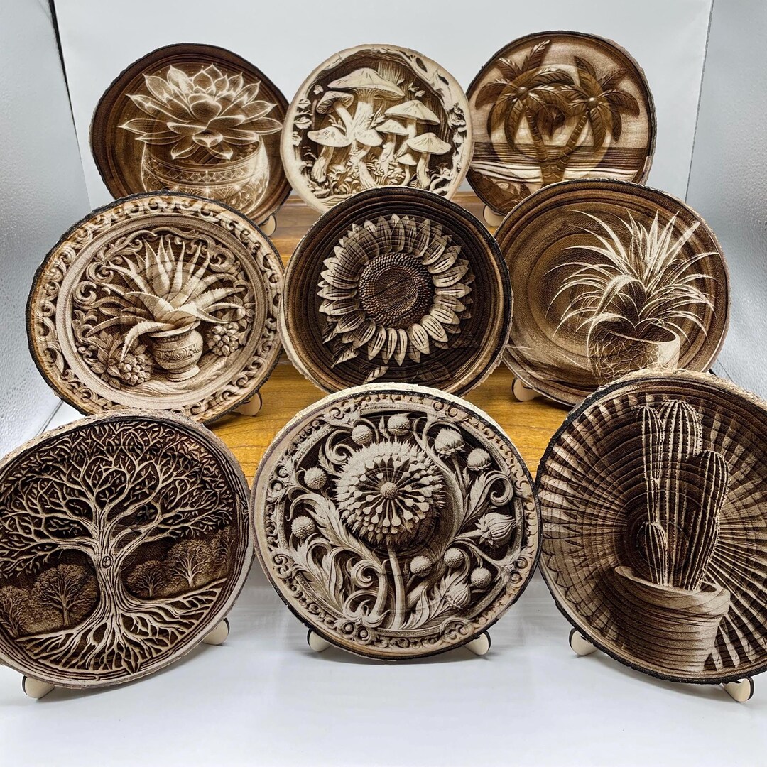 Laser Engraved Plants on Wood Rounds ~live Edge Engraved Plants on Wood ...