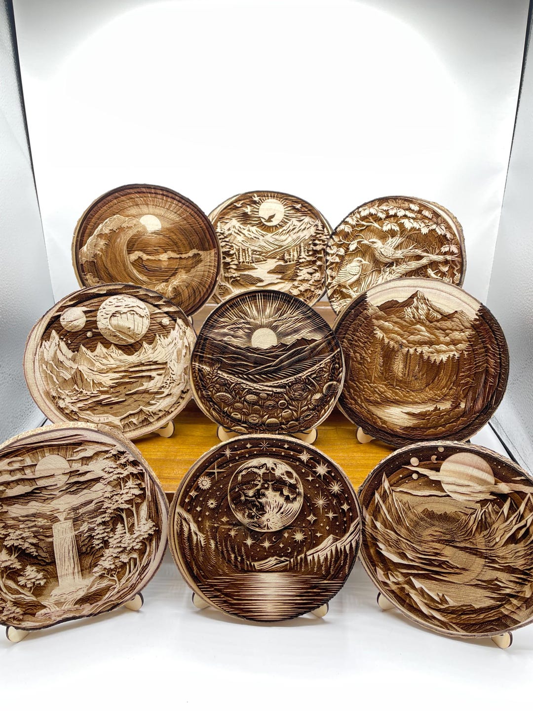 Laser Engraved Landscapes on Wood Rounds ~live Edge Engraved Landscapes ...