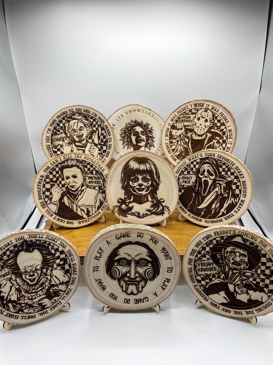 Laser Engraved Horror Movie Themed Wood Rounds ~live Edge Engravings on ...