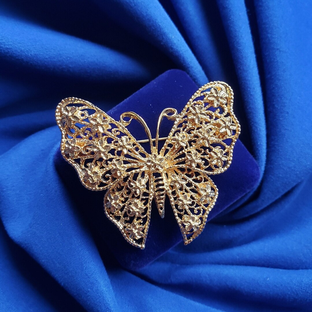 Vintage Gold Filigree Butterfly Brooch - Etsy
