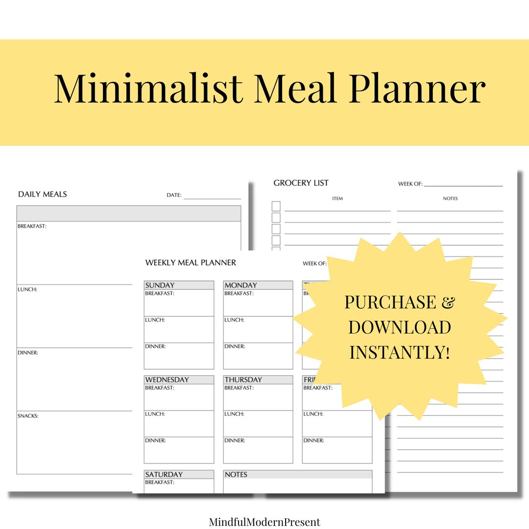 Minimalistic Weekly Meal Planner | Daily Meal Planner | Grocery List ...