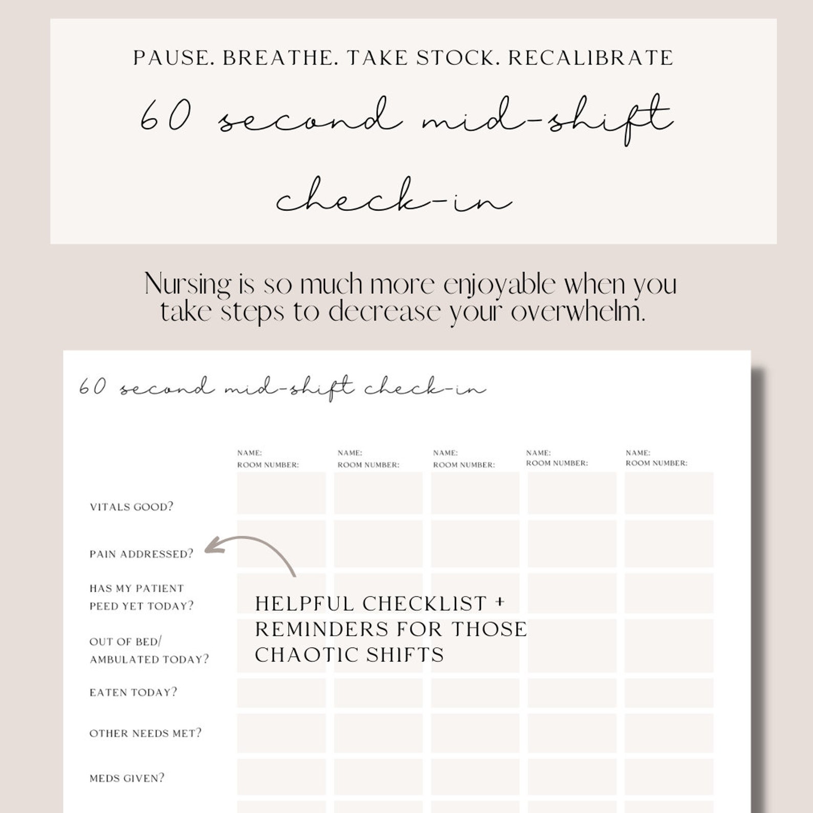 Simple Nurse Planner- Mid Shift Check-in Reminder Sheet - Etsy