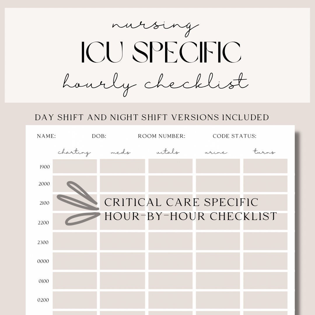 ICU Nursing Checklist- Hourly Planner - Etsy