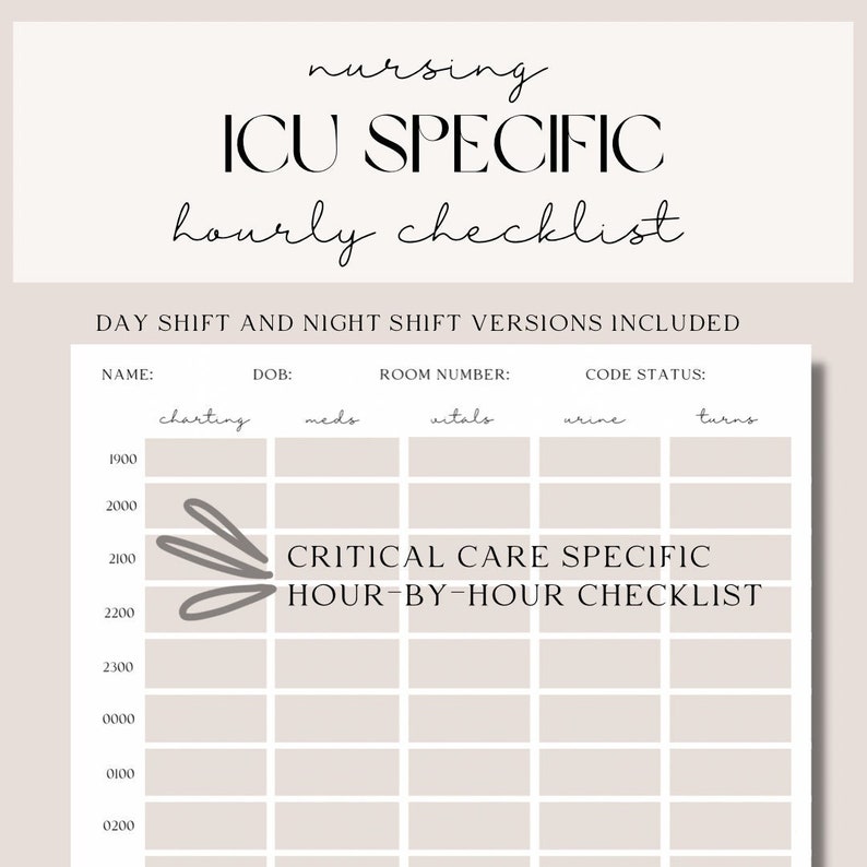ICU Nursing Checklist- Hourly Planner - Etsy