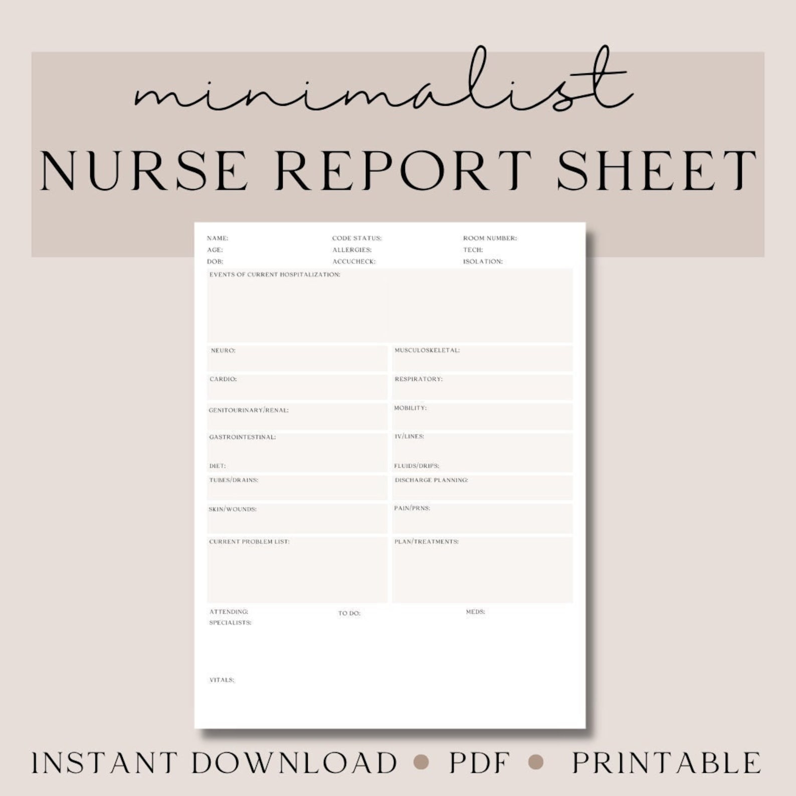 Simple Minimalist Nurse Report Sheet - Etsy