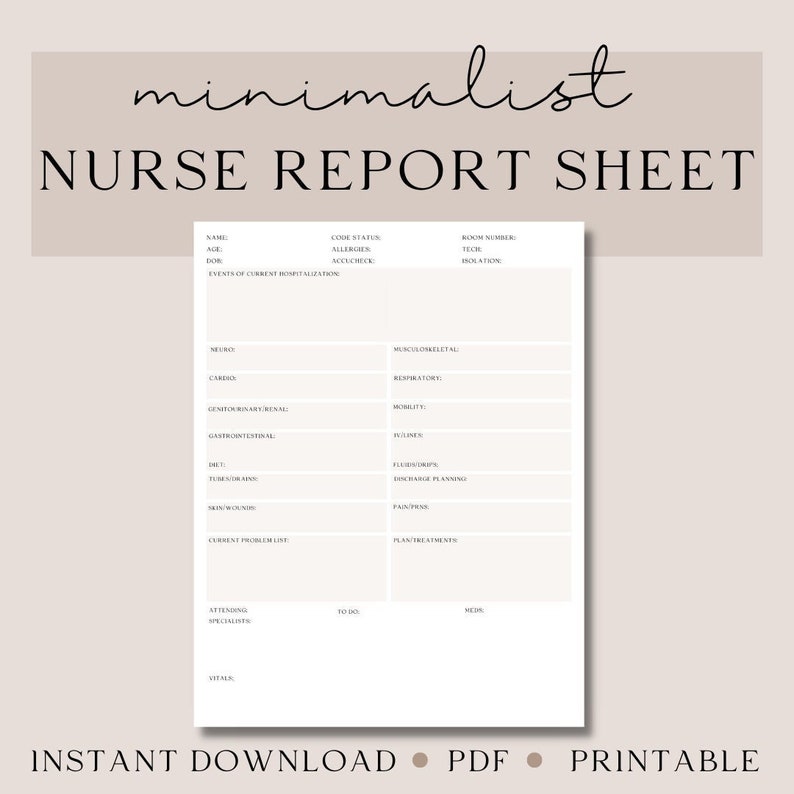 Simple Minimalist Nurse Report Sheet - Etsy