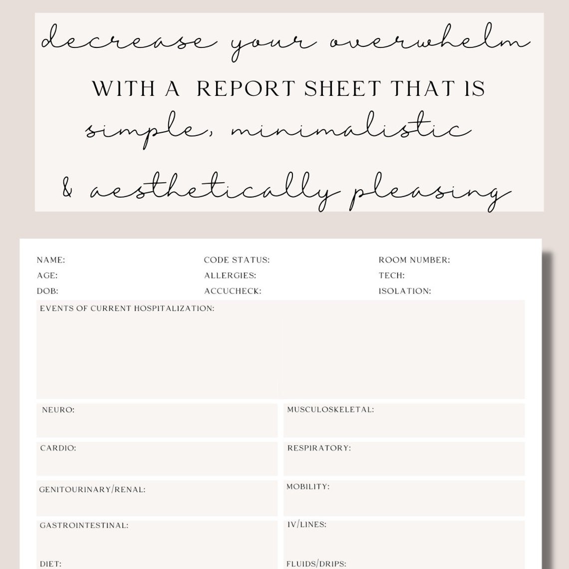 Simple Minimalist Nurse Report Sheet - Etsy
