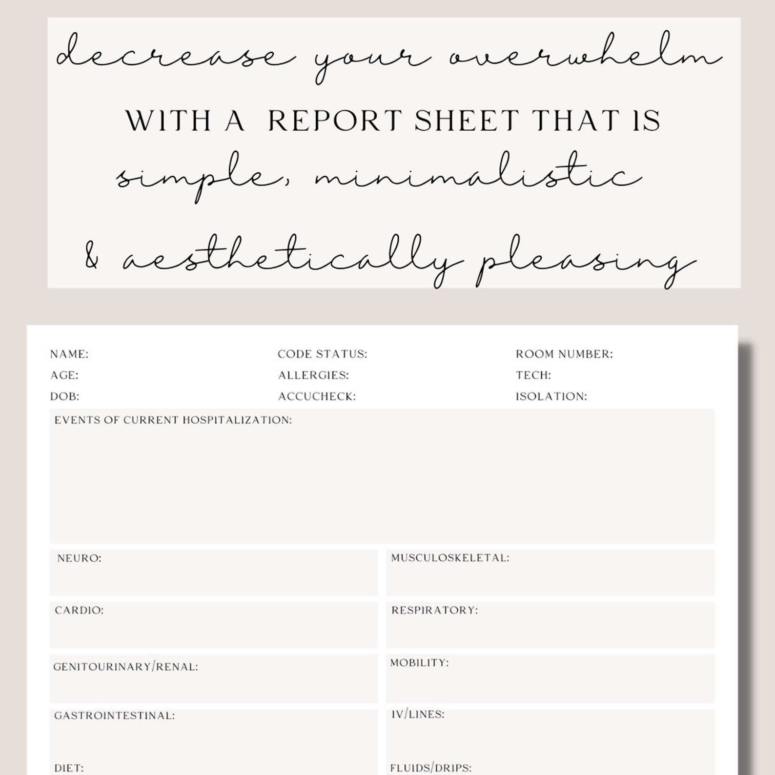Simple Minimalist Nurse Report Sheet - Etsy
