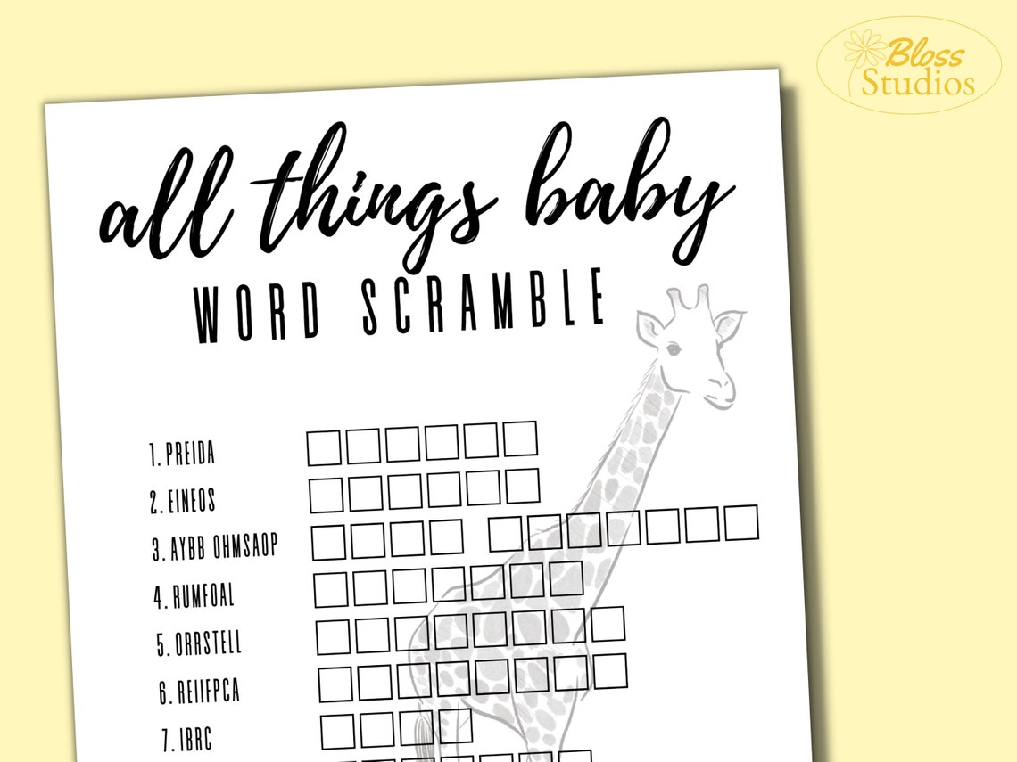 Giraffe Baby Shower Party Game | Printable Baby Shower Word Scramble ...