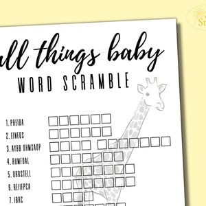 Giraffe Baby Shower Party Game | Printable Baby Shower Word Scramble ...