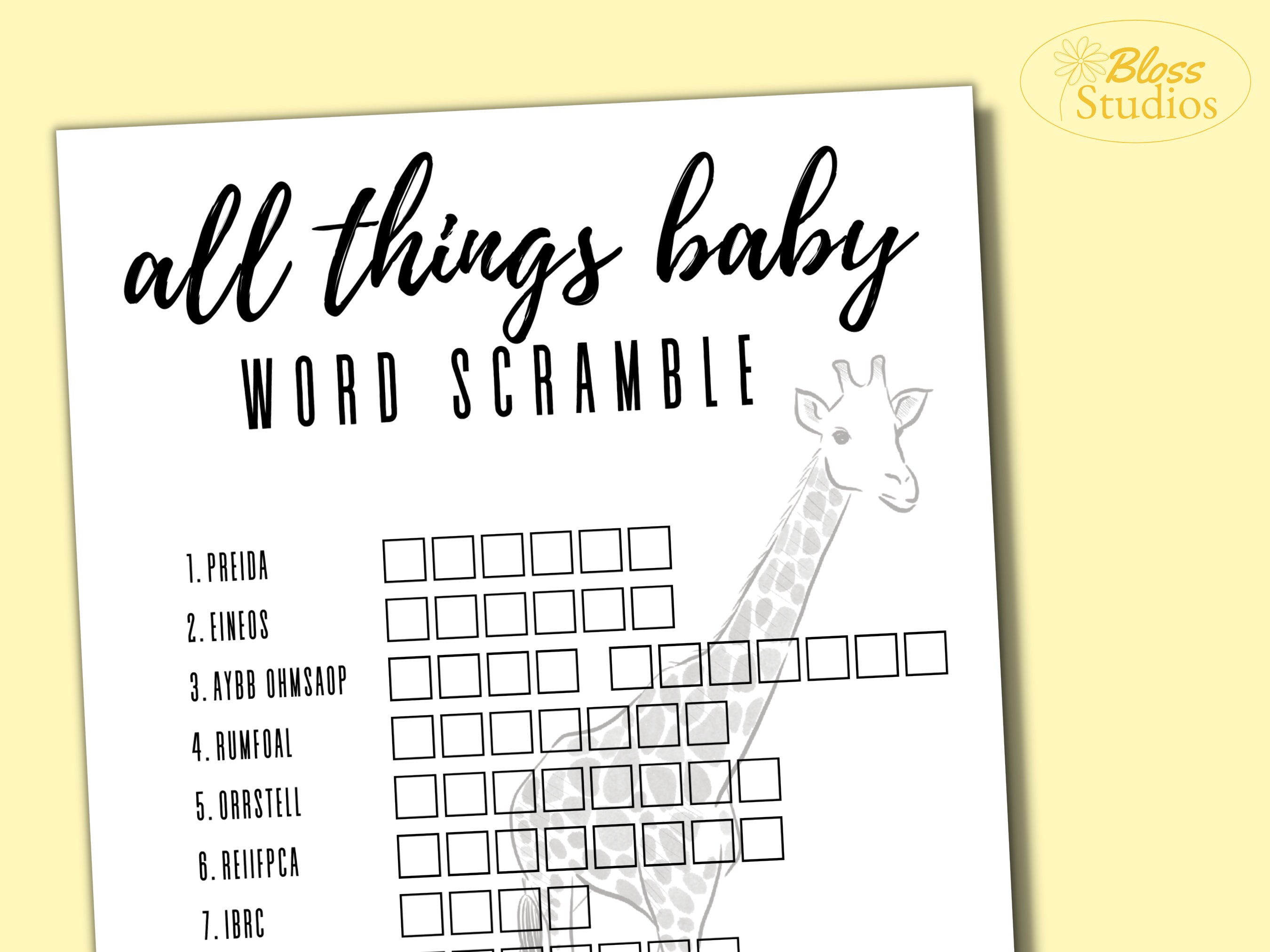 Giraffe Baby Shower Party Game | Printable Baby Shower Word Scramble ...