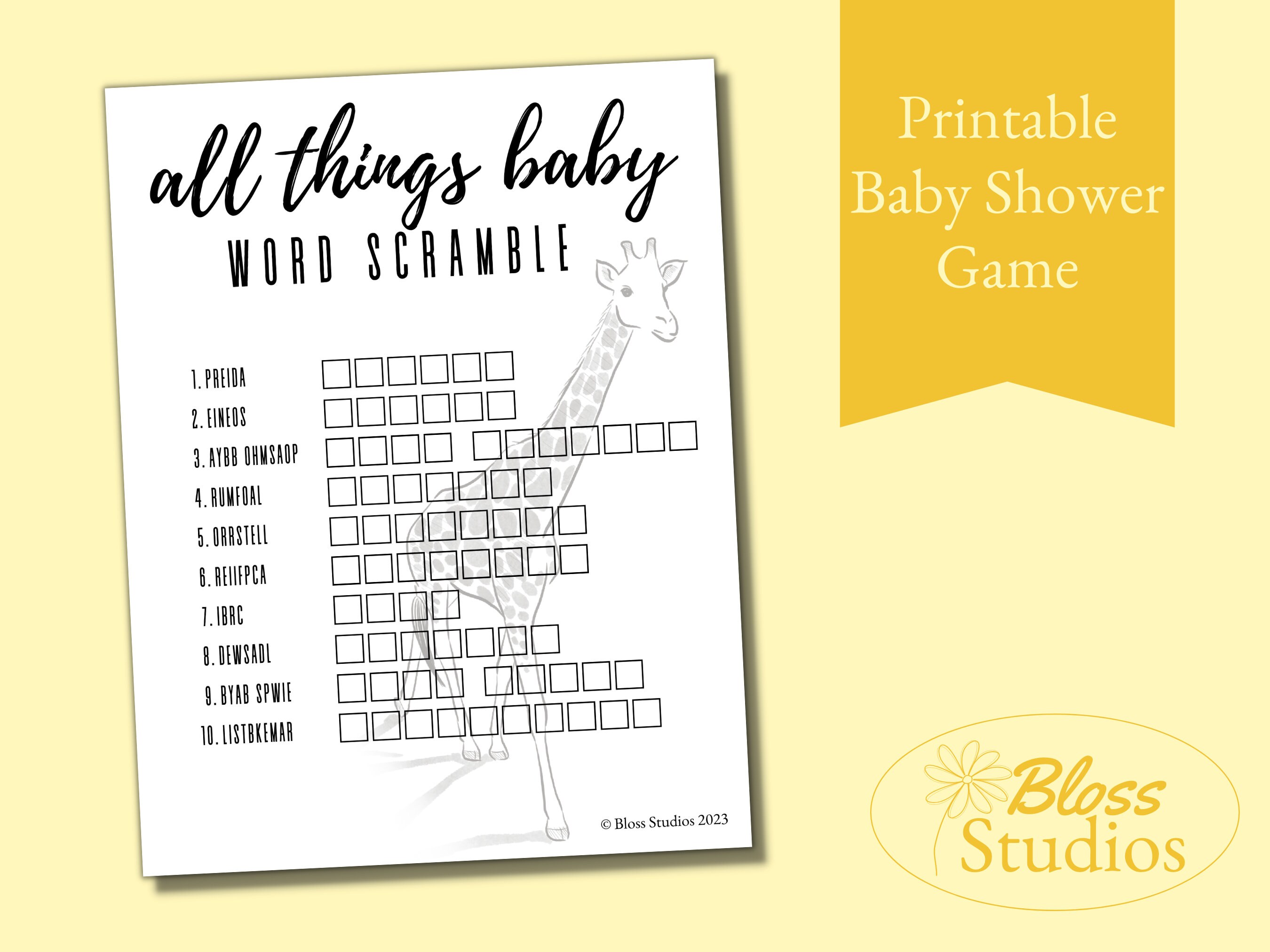 Giraffe Baby Shower Party Game | Printable Baby Shower Word Scramble ...