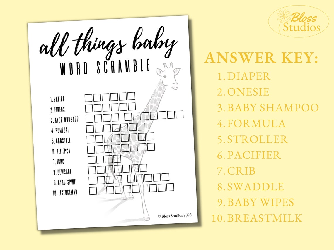Giraffe Baby Shower Party Game | Printable Baby Shower Word Scramble ...