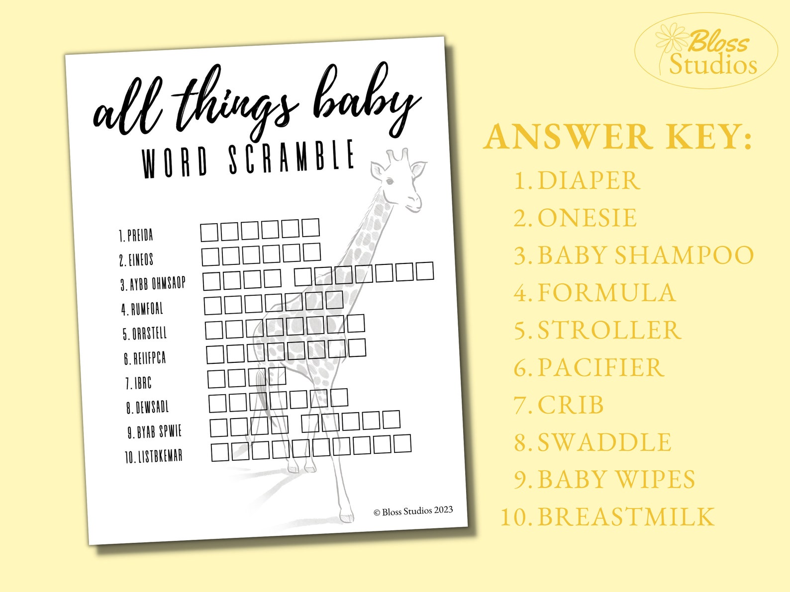 Giraffe Baby Shower Party Game | Printable Baby Shower Word Scramble ...