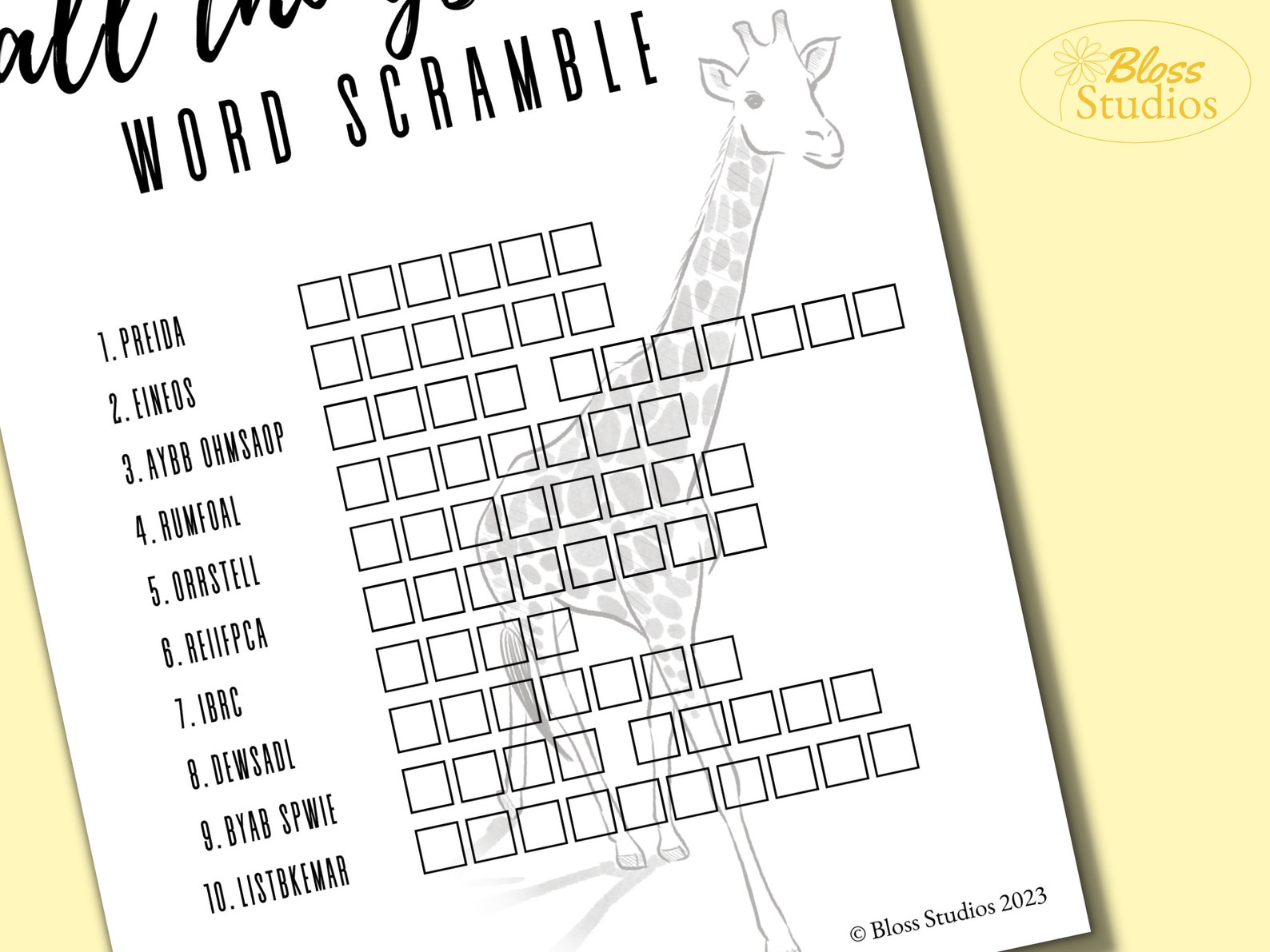 Giraffe Baby Shower Party Game | Printable Baby Shower Word Scramble ...