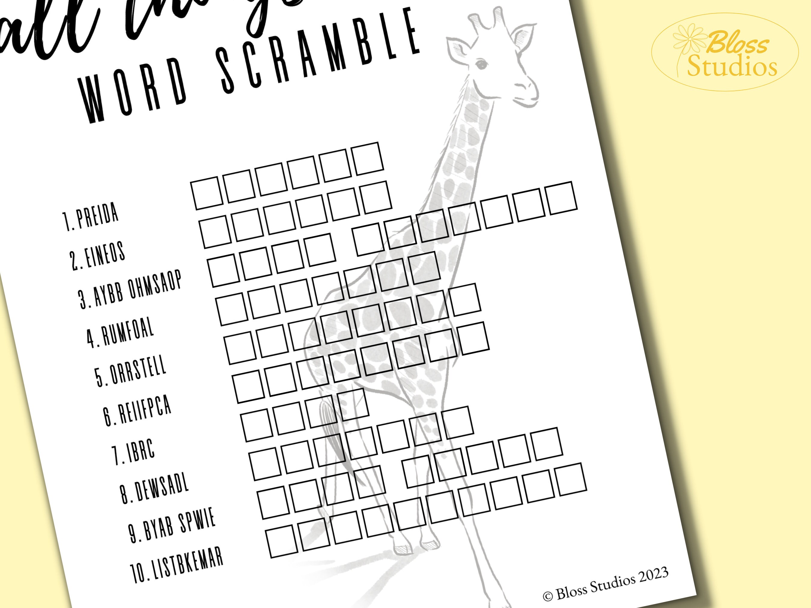 Giraffe Baby Shower Party Game | Printable Baby Shower Word Scramble ...