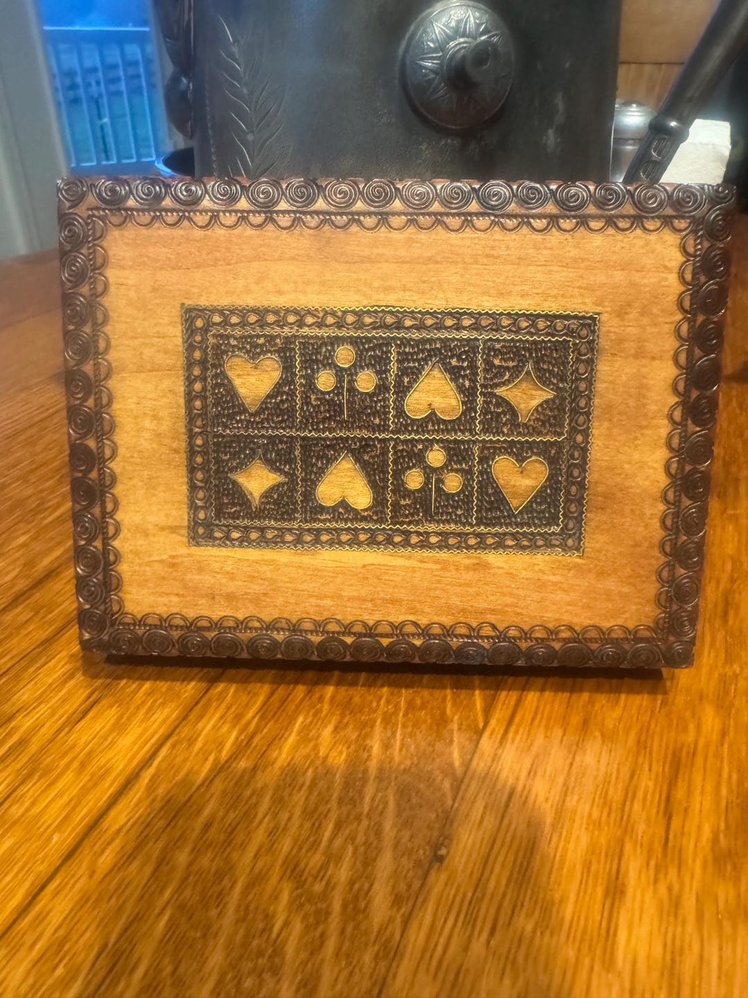 Vtg Hand Carved Poland Wooden Carved Box Wood Trinket Box Playing Cards ...