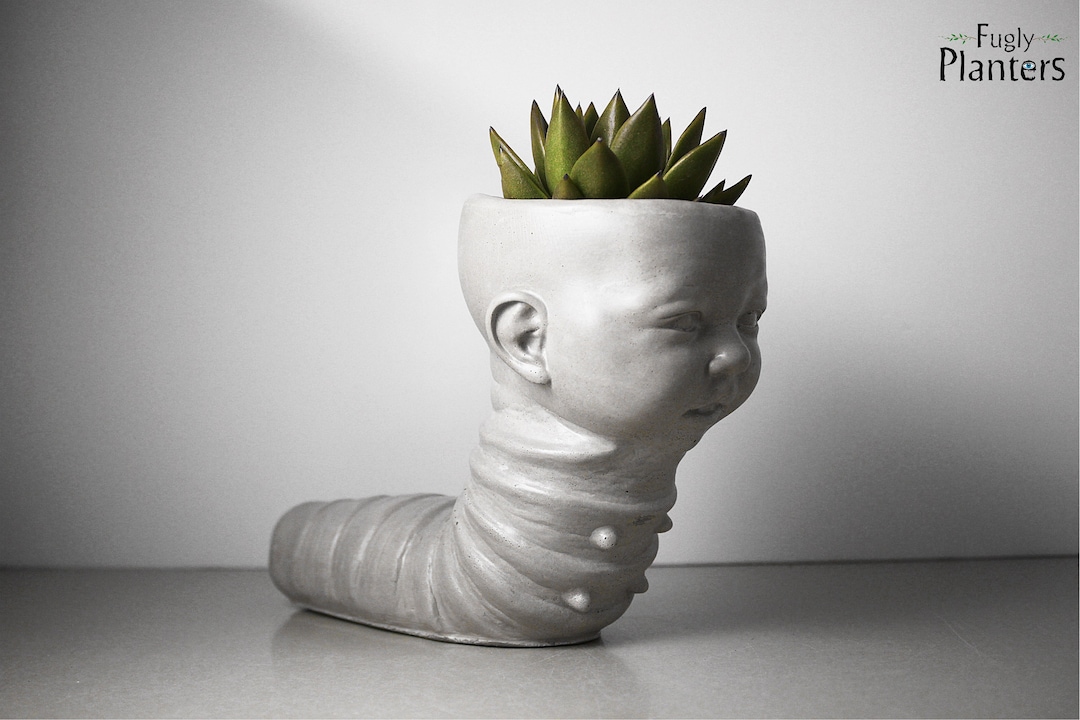 Creepy Grub Baby Planter – Cement Head Planter, Gothic Desk Pot - Etsy