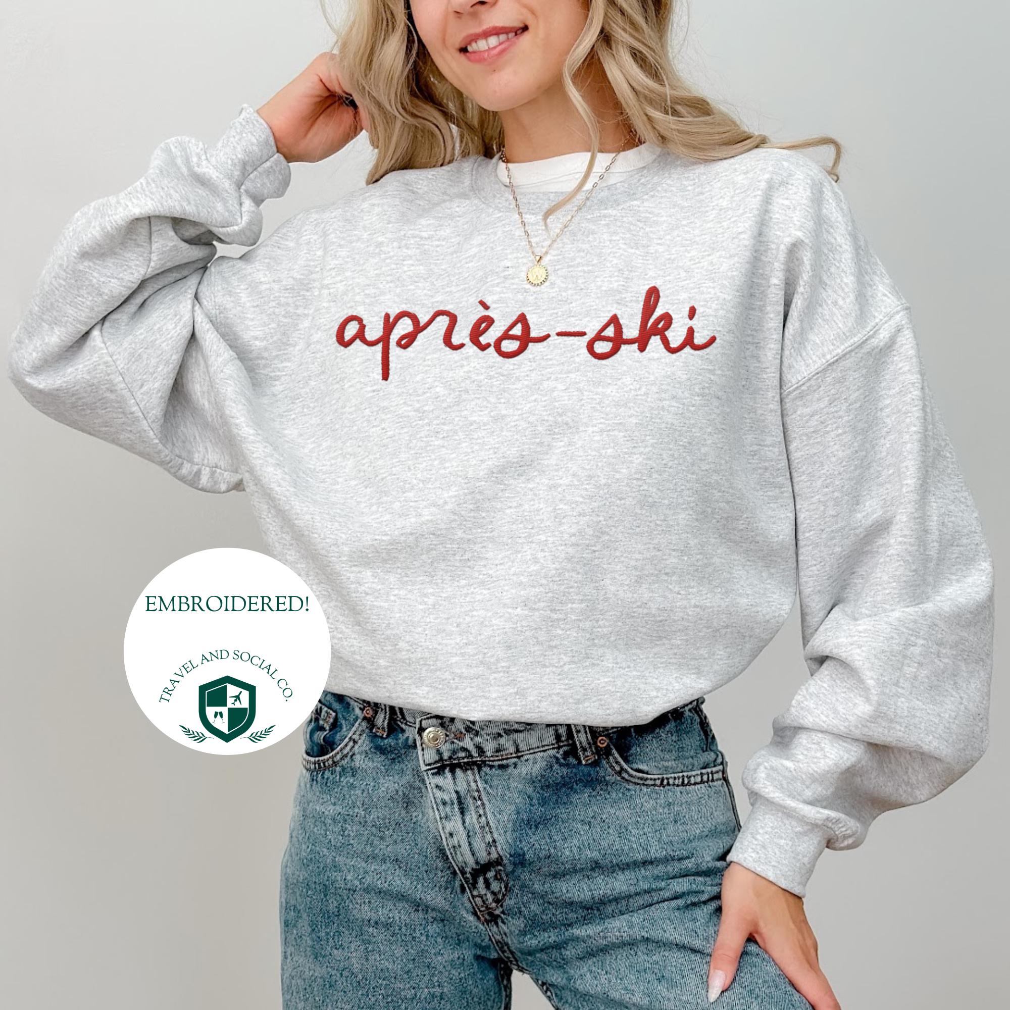 Embroidered Après-ski Crewneck Sweatshirt | Skiing Embroidery Pullover ...
