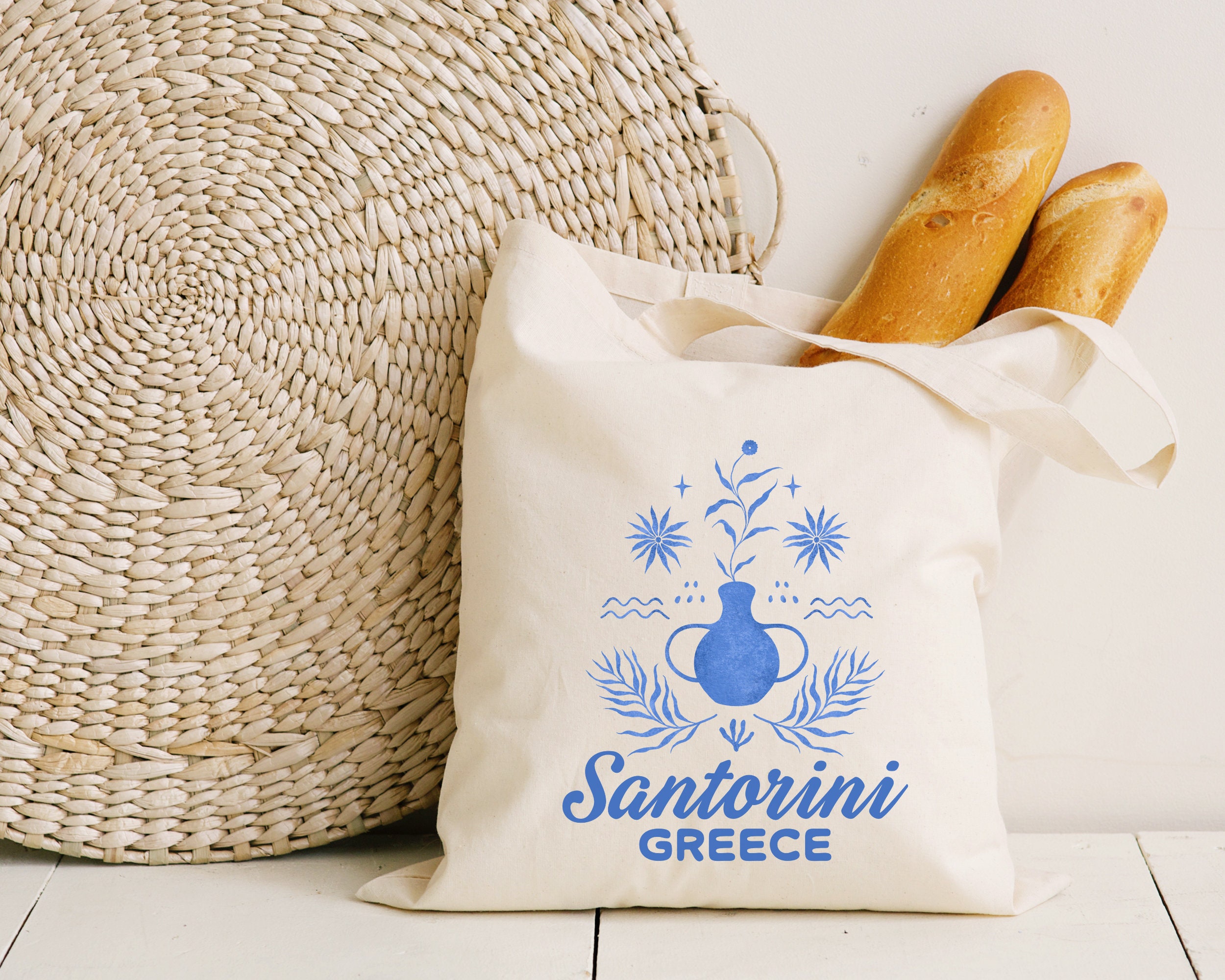Santorini Greece Cotton Canvas Tote Bag | Blue Boho Print | Beach ...