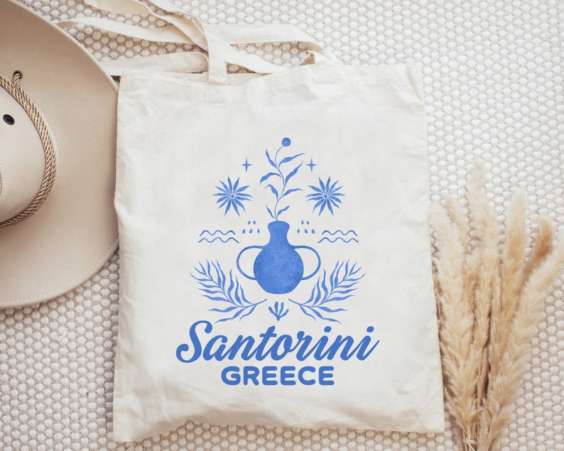 Santorini Greece Cotton Canvas Tote Bag | Blue Boho Print | Beach ...