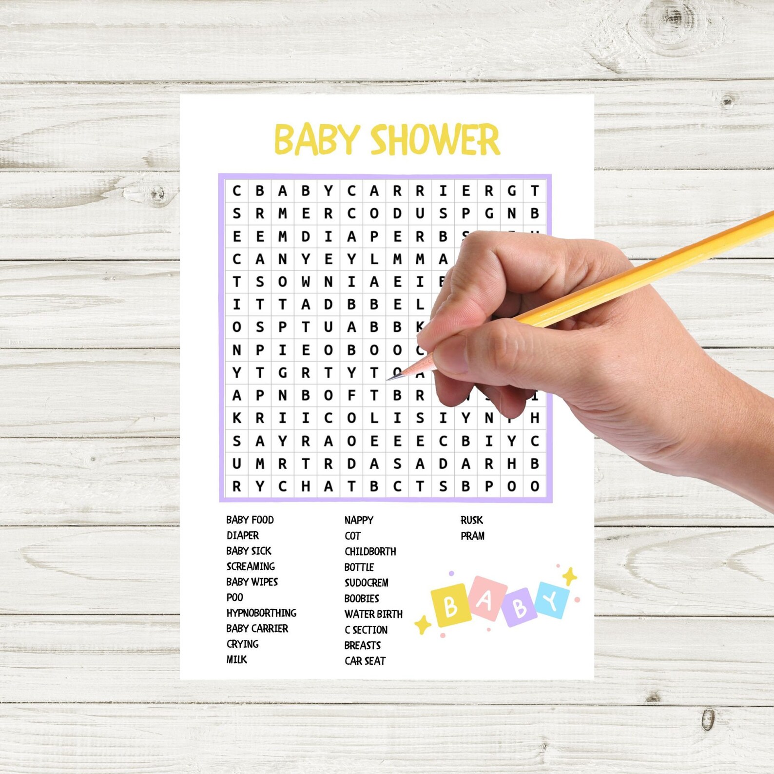 Baby Shower Word Search, Word Search, Baby Shower Game, Baby Shower ...