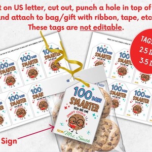 100 Days of School Printable Tag, Cookie Thank You, One Smart Cookie ...