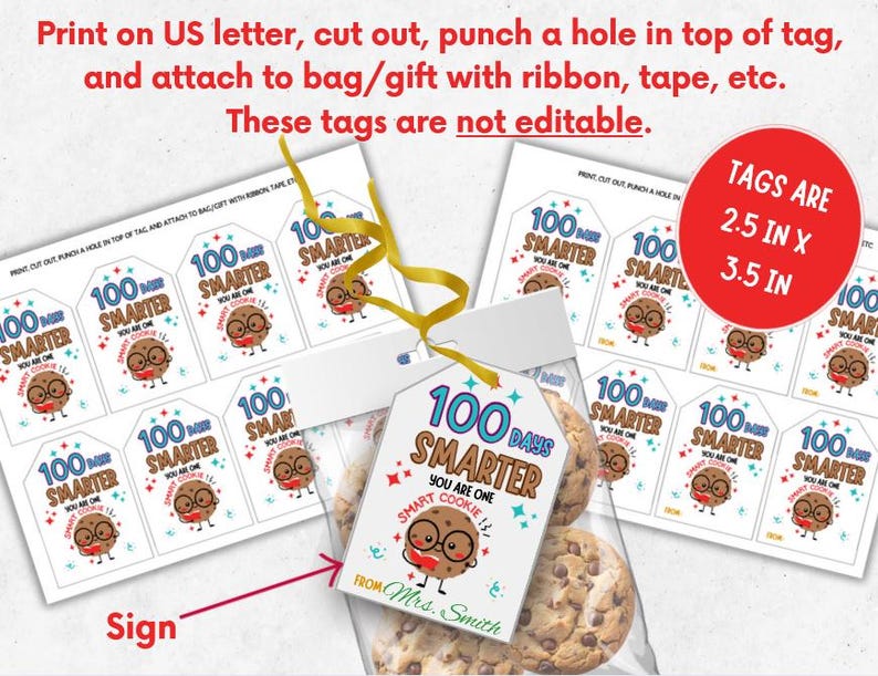 100 Days of School Printable Tag, Cookie Thank You, One Smart Cookie ...