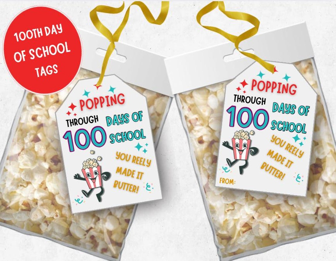 100 Days of School Printable Tag, Classroom Snack Popcorn Bag Tags ...