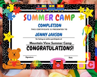 Summer Camp Fun Certificate, Summer Camp Participant Award, Fillable ...