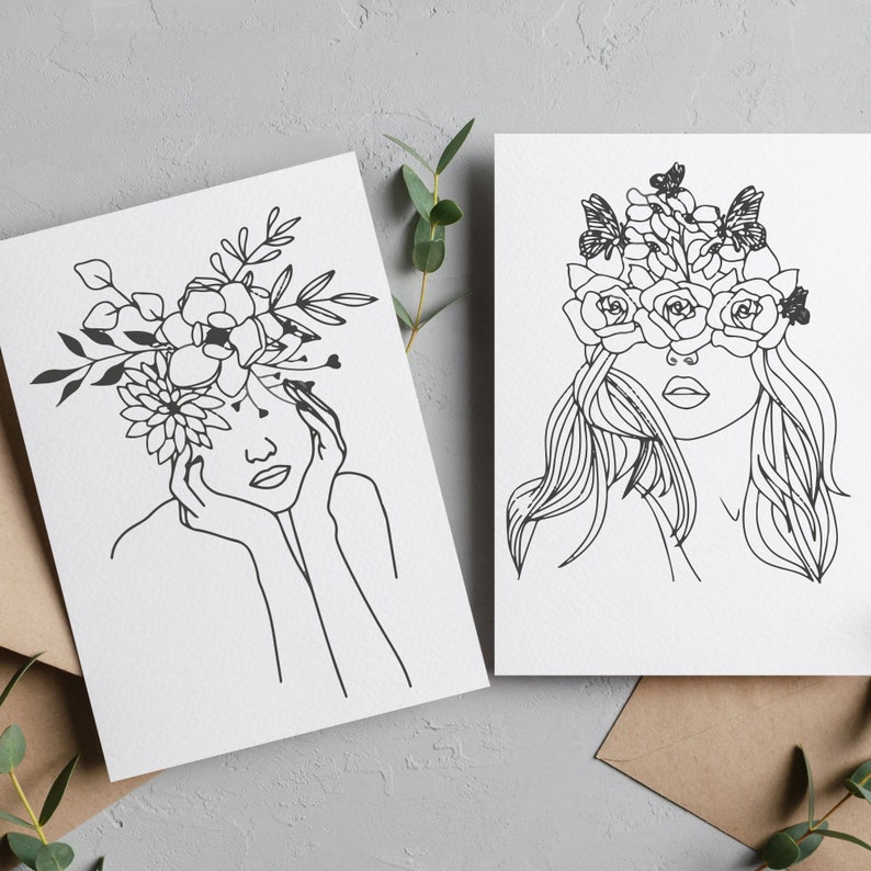 Floral Line Art SVG Line Art Women SVG Bundle Cut Files for - Etsy