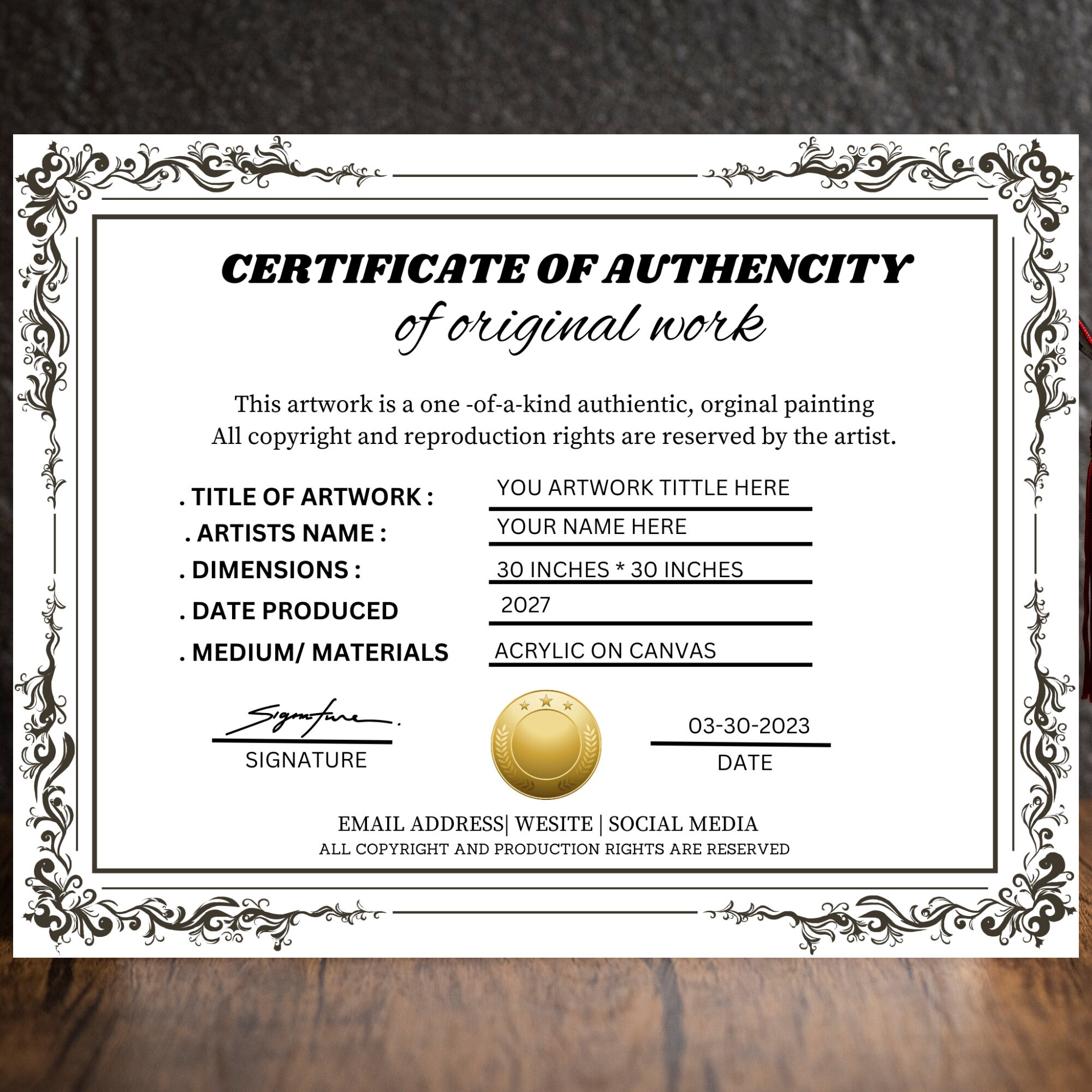 Editable Certificate of Authenticity for Artwork, Authenticity ...