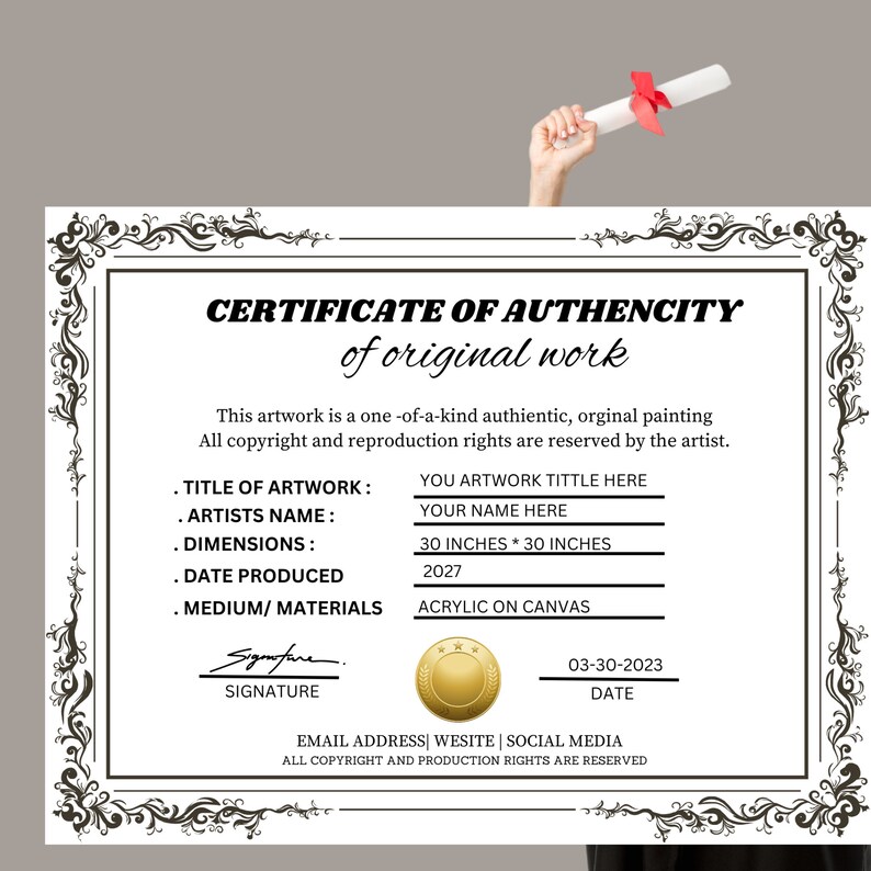 Editable Certificate of Authenticity for Artwork, Authenticity ...