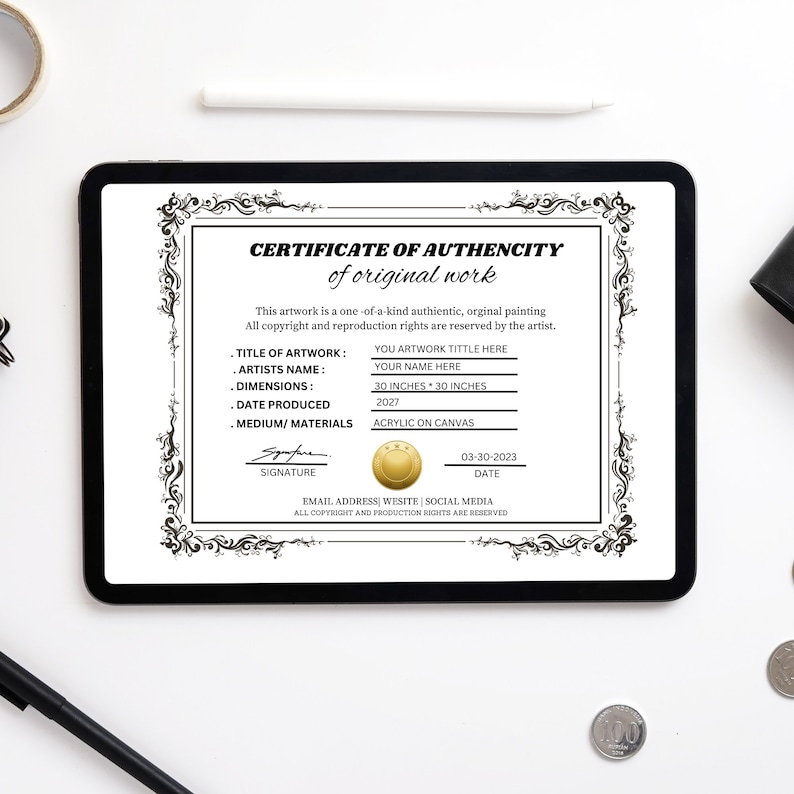 Editable Certificate of Authenticity for Artwork, Authenticity ...