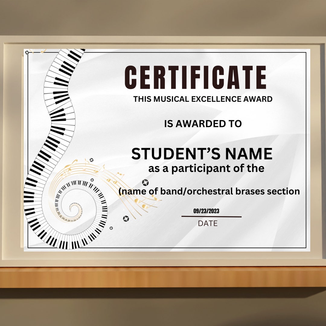 Music Certificate, Instant Download, Achievement Certificate, Music ...