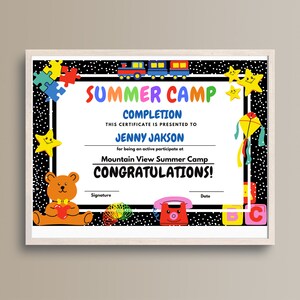 Summer Camp Fun Certificate, Summer Camp Participant Award, Fillable ...