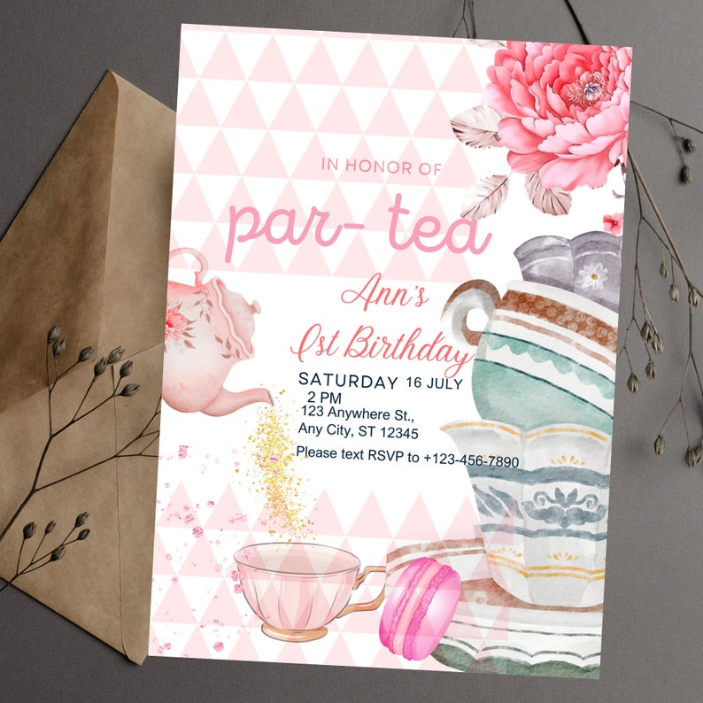 EDITABLE Tea Party Birthday Invitation Blue and Gold Par-tea - Etsy