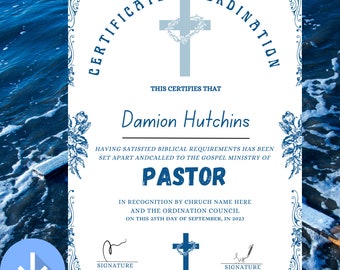 Editable Pastor Ordination Certificate Template, Printable Certificate ...