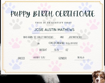 Puppy Birth Certificate Template | Editable Dog Certificate | Editable ...