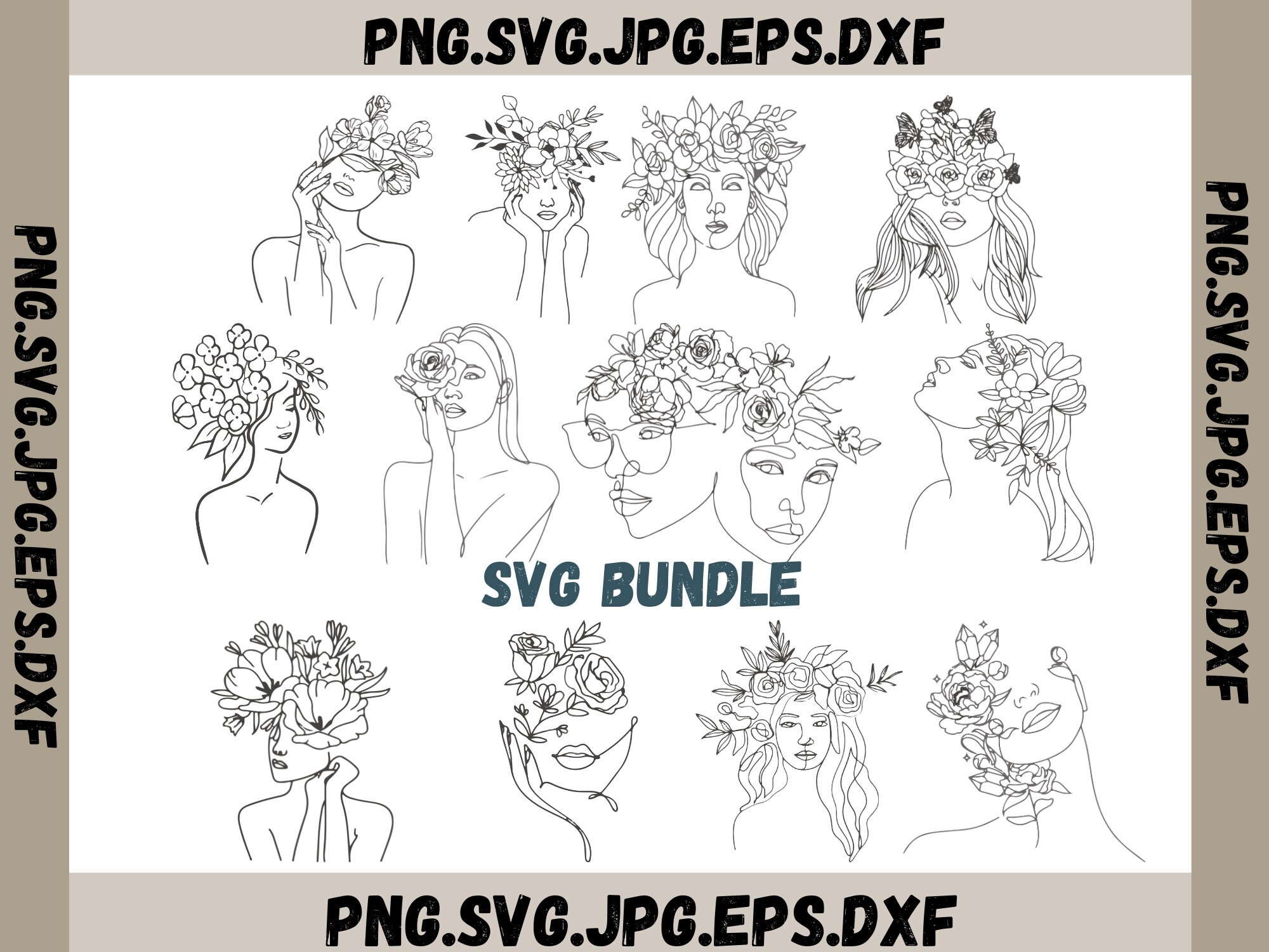 Floral Line Art SVG Line Art Women SVG Bundle Cut Files for - Etsy