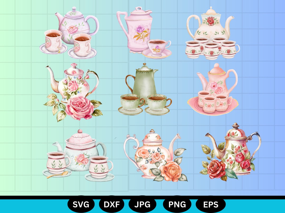 Tea Set Clipart, Teacup Clipart, Vintage Teapots tea Party Decorations ...