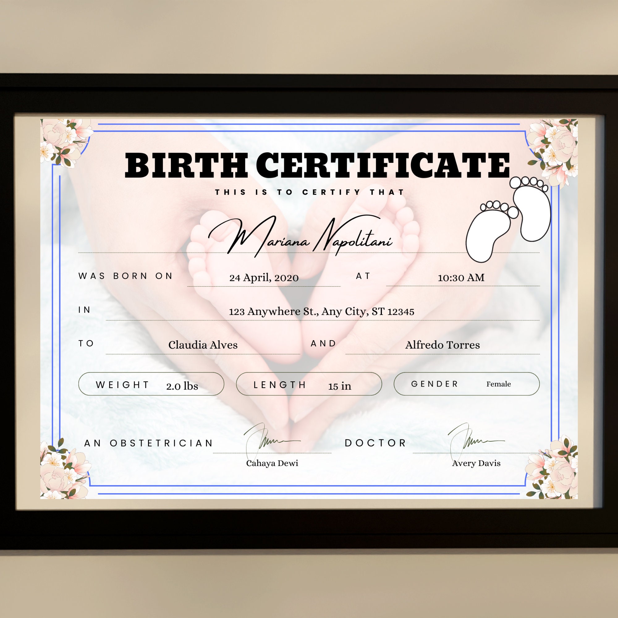 Printable Birth Certificate, Girl Floral Birth Certificate With ...