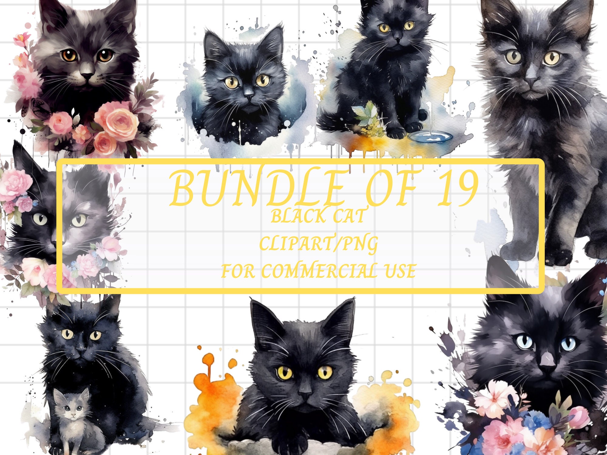 Black Cats Clipart, Floral Cats, Kittens With Wildflowers PNG ,kitten ...