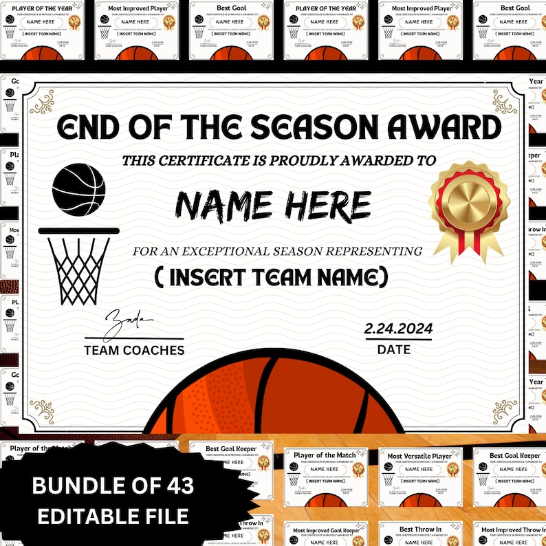 Editable Basketball Award Certificates Award Ceremony Certificate End ...