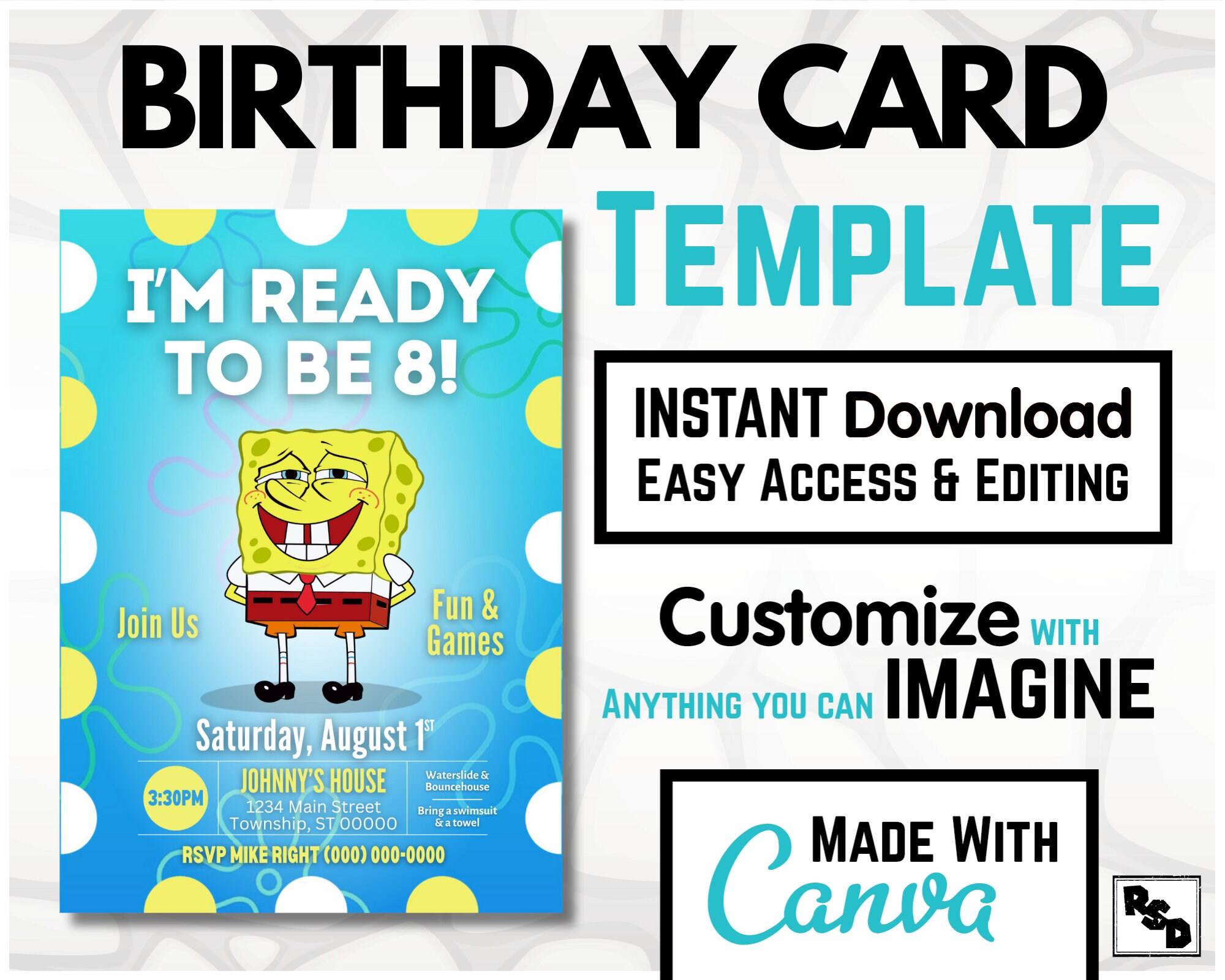 Spongebob Birthday Card, Spongebob Invitation, Cartoon Birthday ...