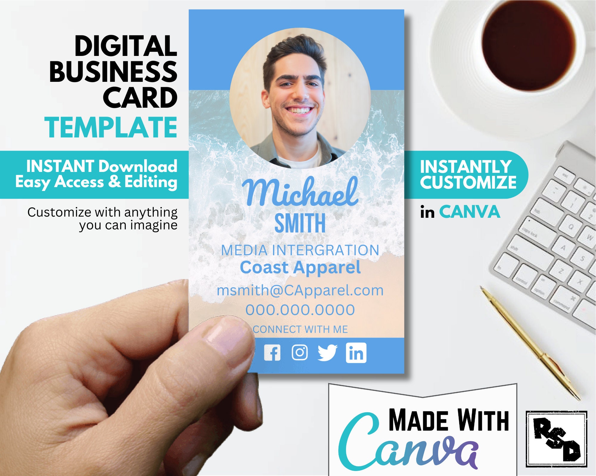 Digital Business Card Canva Template Ocean Coast Business Card Beach ...