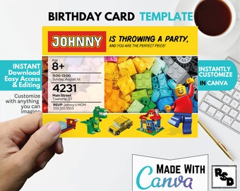 Lego Theme Birthday Invite Template Building Party Invitation Blocks ...